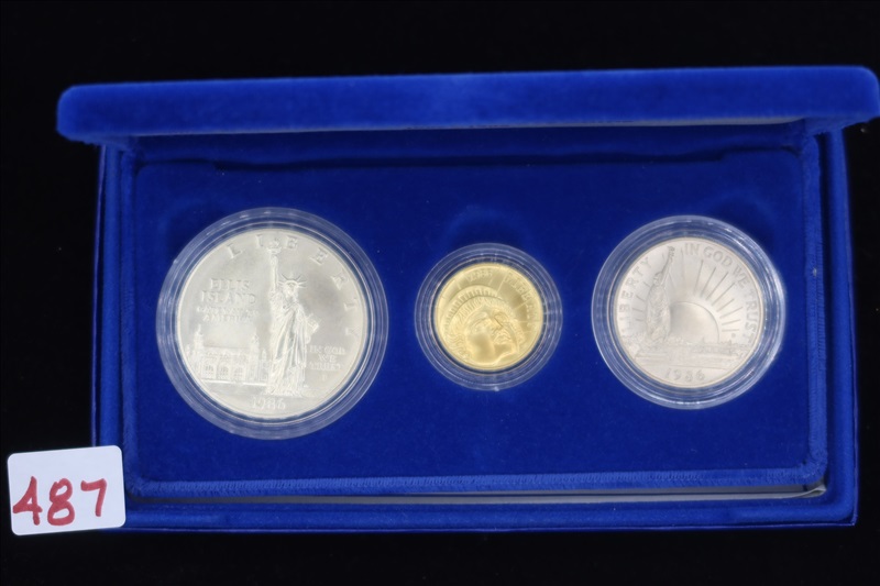 LOT, (1) 1986 3 COIN LIBERTY SET, $5 GOLD, $1 SILVER & HALF DOLLAR ...