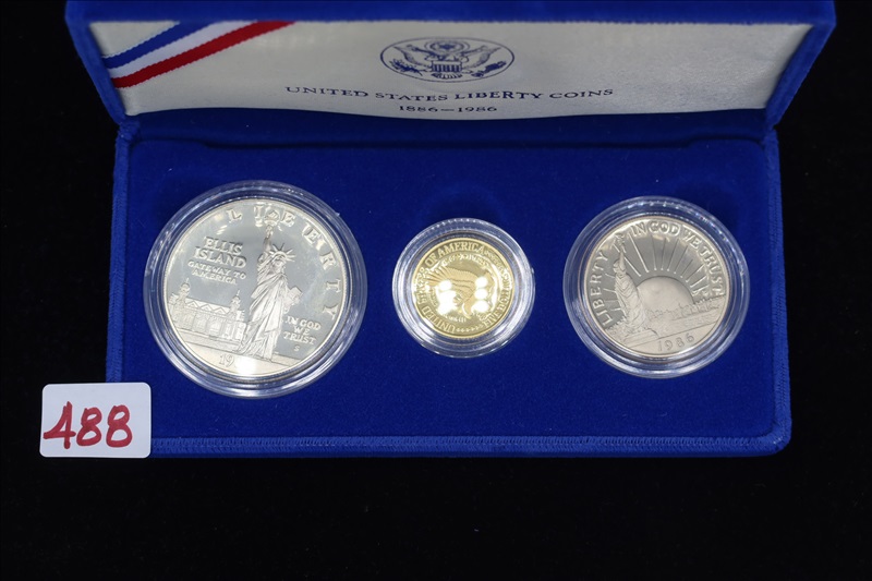 LOT, (1) 1986 3 COIN LIBERTY SET, $5 GOLD, $1 SILVER, HALF DOLLAR ...