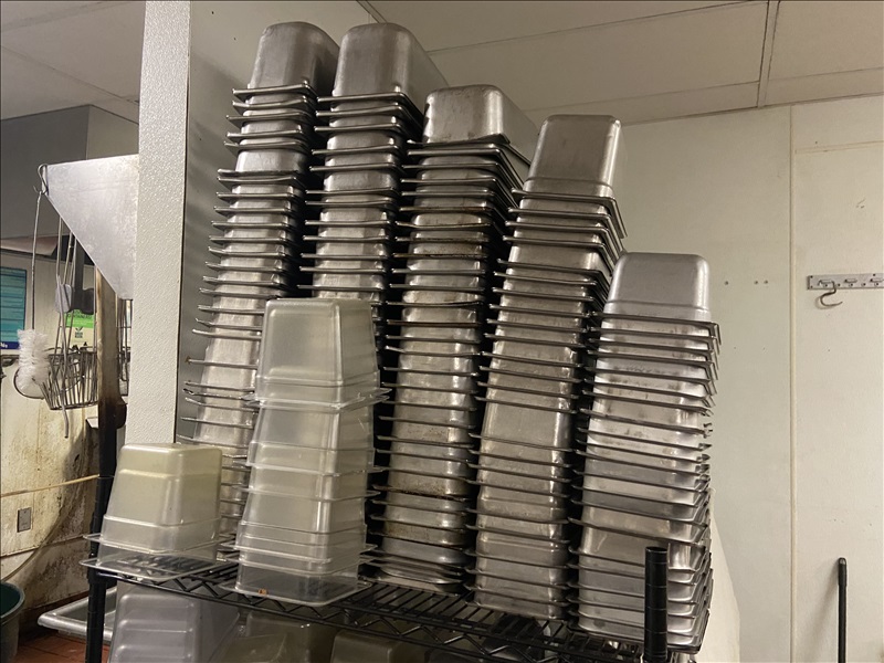 LARGE SELECTION OF SS INSERTS, POTS, PANS, KITCHEN UTENSILS, PLATES ...