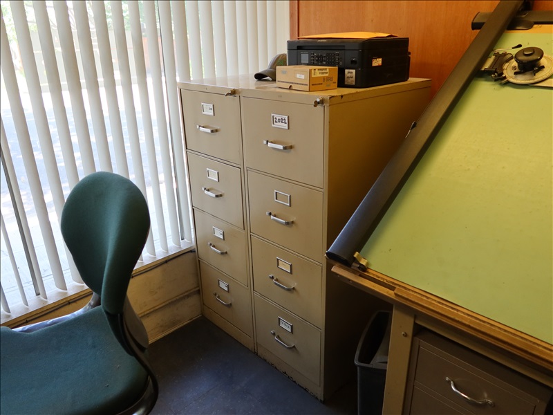 DESK, (2) 4-DRAWER FILING CABINETS, (1) 2-DRAWER FILING CABINET & STOOL ...