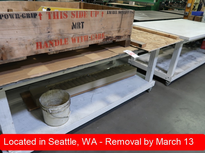 WOOD WORK TABLE ON CASTERS | TRADE-MARX SIGN - LIVE AUCTION | James G. Murphy Co.